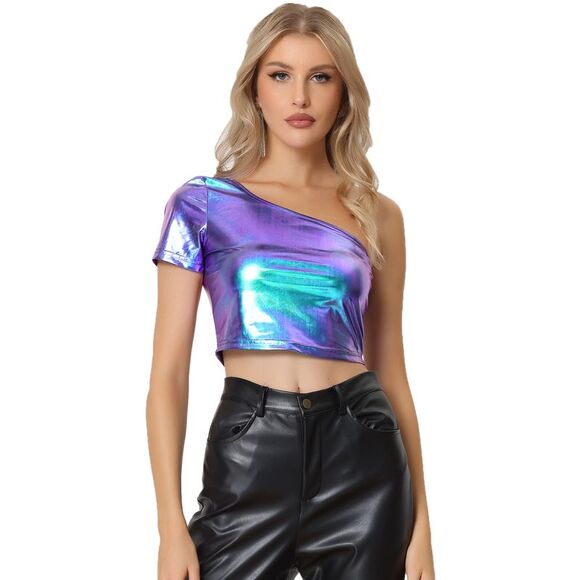 Allegra K | Tops | Metallic Crop Top 224 One Shoulder Holographic ...
